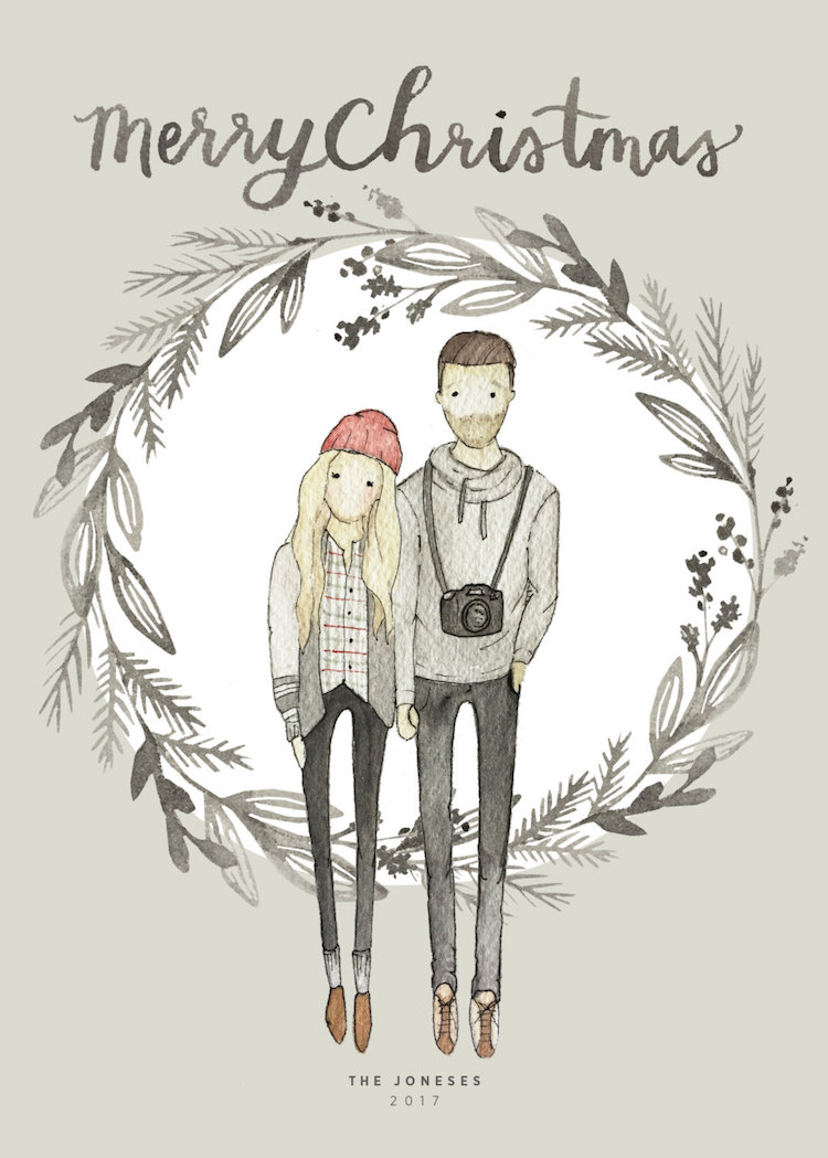 12 Gorgeous, Custom-illustrated Portrait Christmas Cards with your Faces!